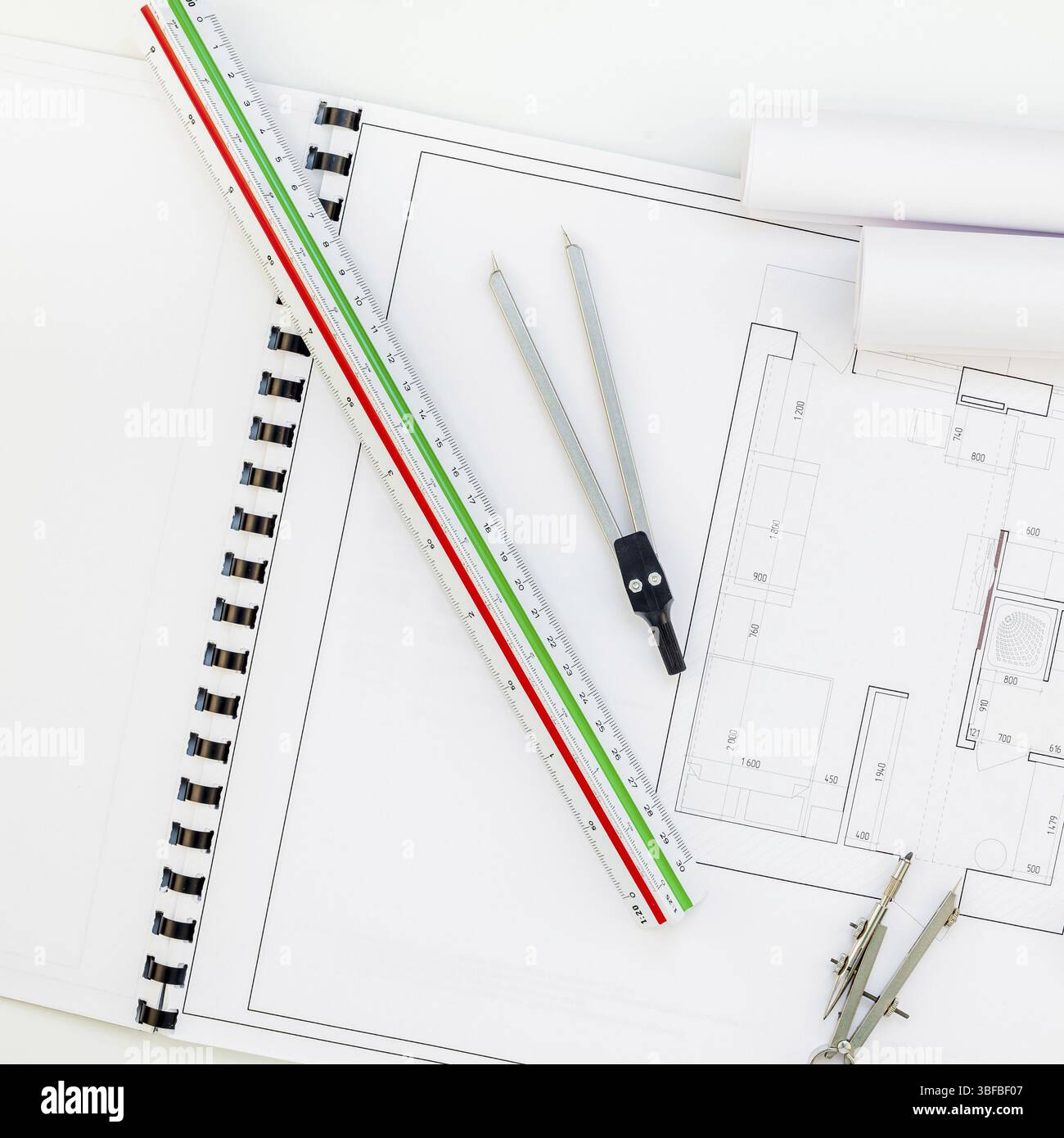 Creative flat lay overhead top view blueprints architectural flat ...