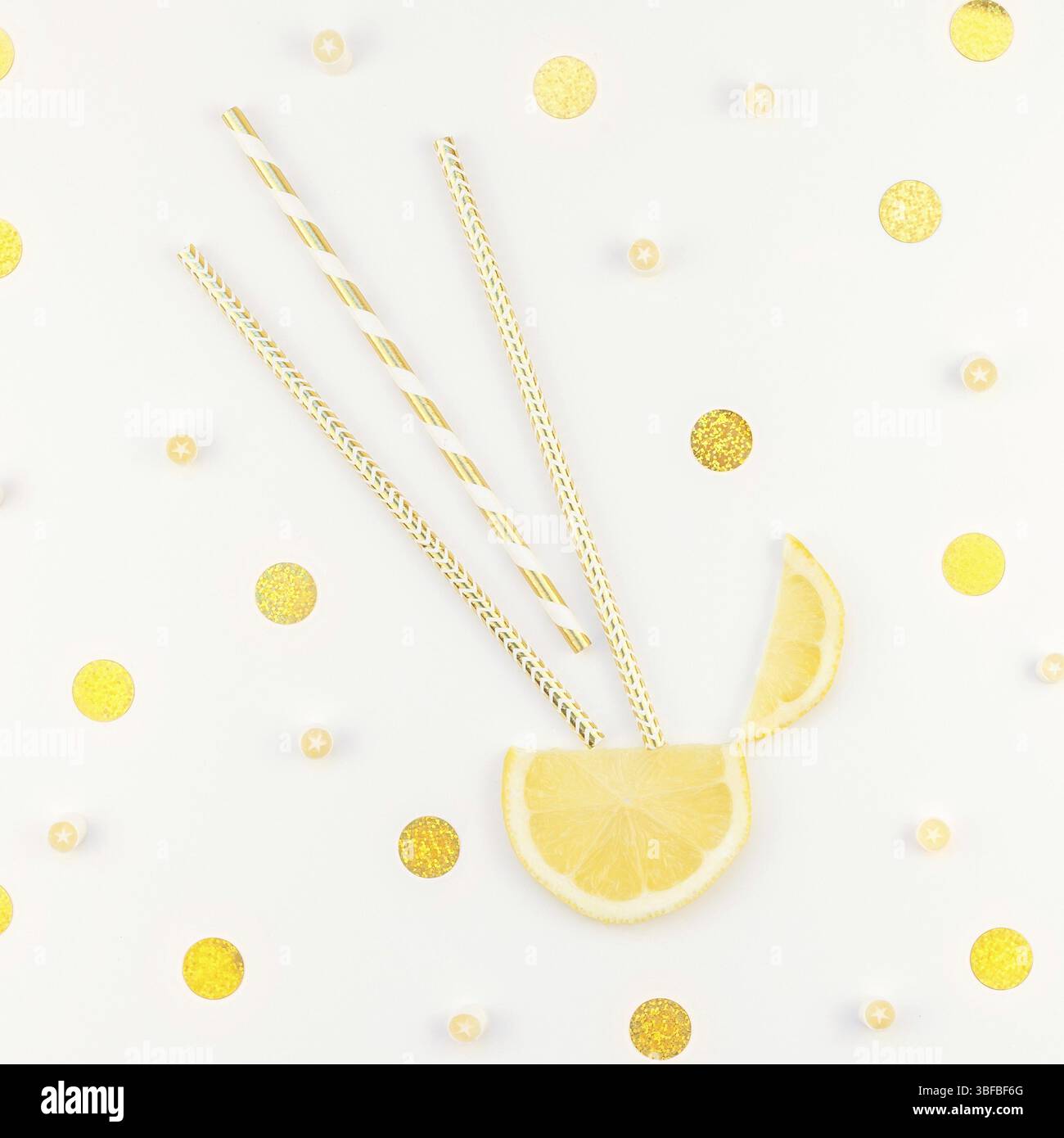 Square flatlay overhead top view citrus lemon slices and candies white ...
