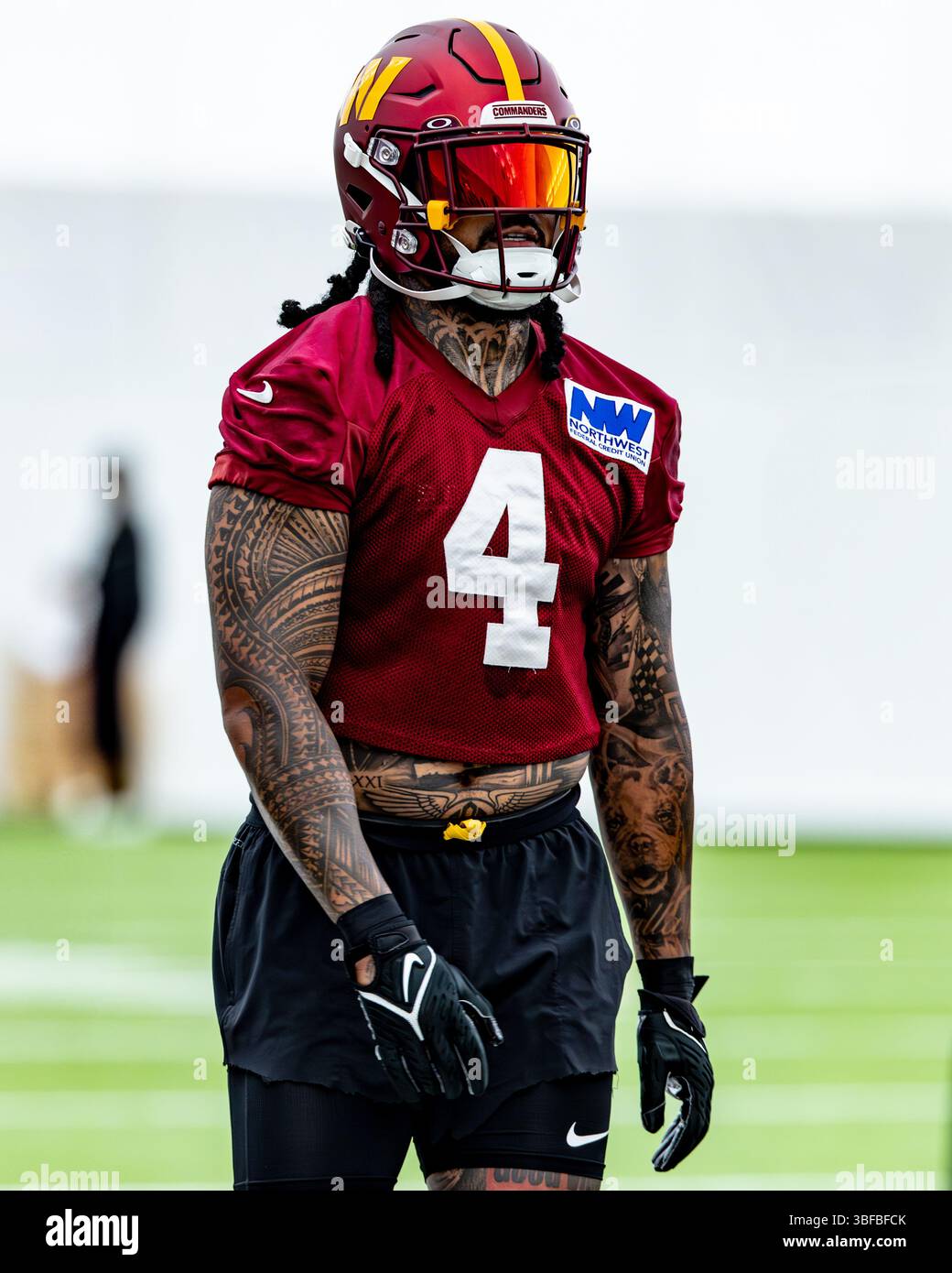 Washington Commanders linebacker Frankie Luvu (4) during OTA Phase one ...