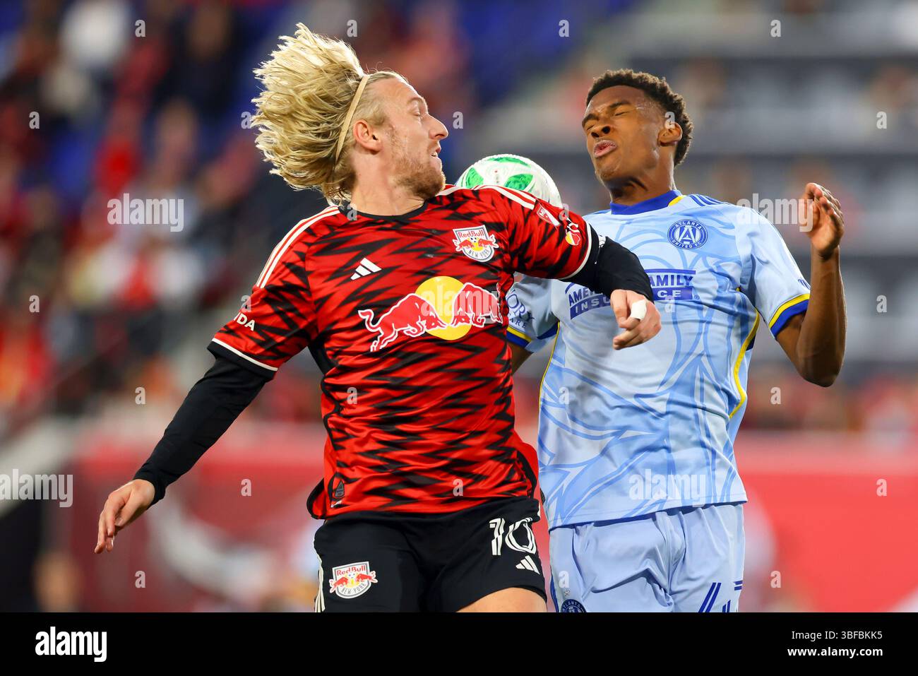 HARRISON, NJ - MAY 31: Matthew Edwards #47 of Atlanta United battles ...