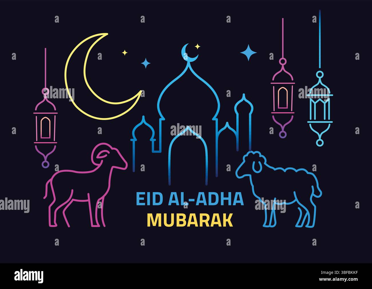 Neon Line Art Eid al-Adha Mubarak Vibrant Eid Festival Greeting Design ...