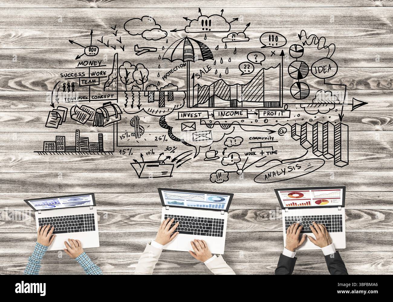 Group of three people with devices in hands working together as symbol ...