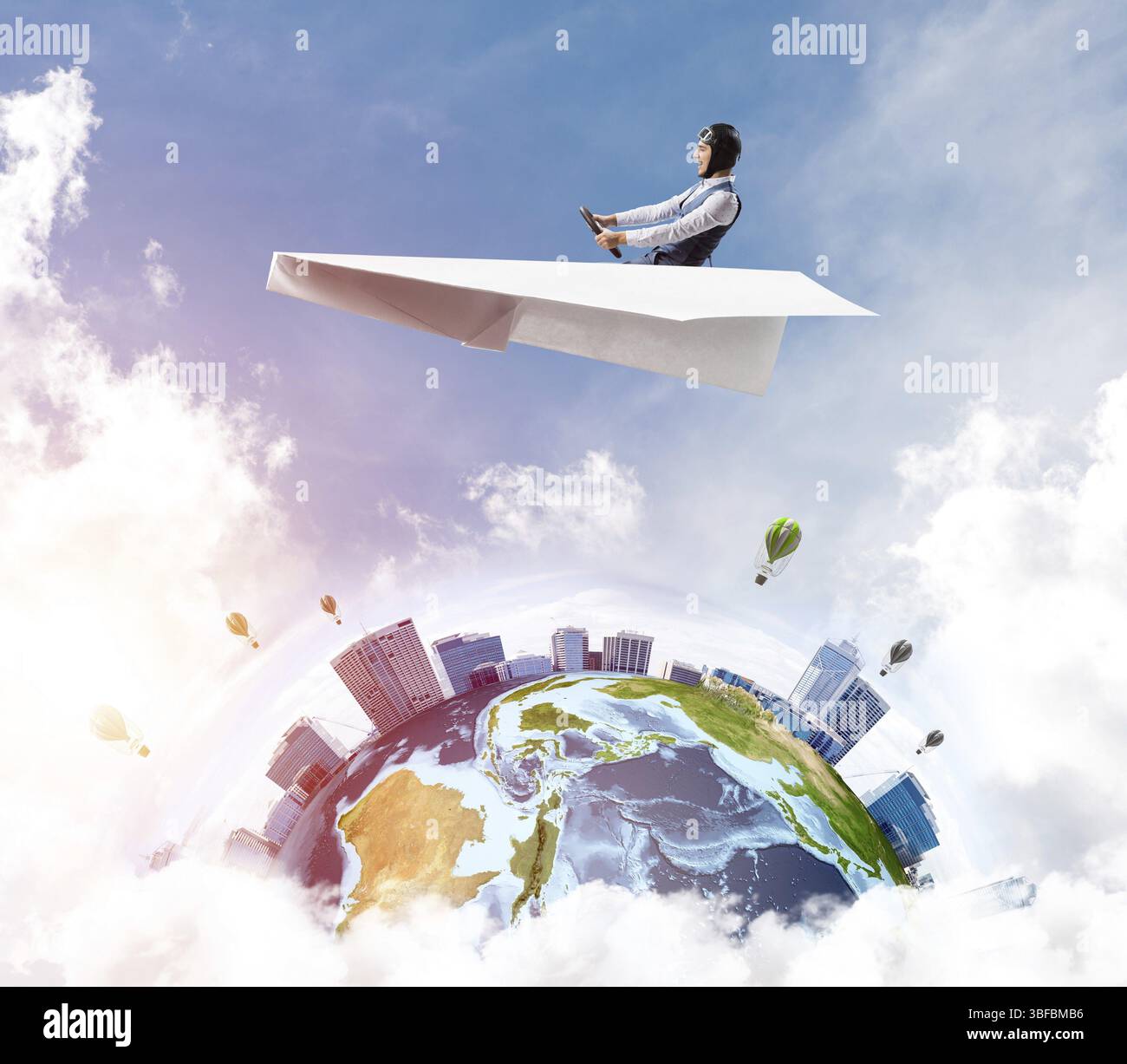 Funny aviator sitting in paper plane and holding steering wheel. Pilot ...