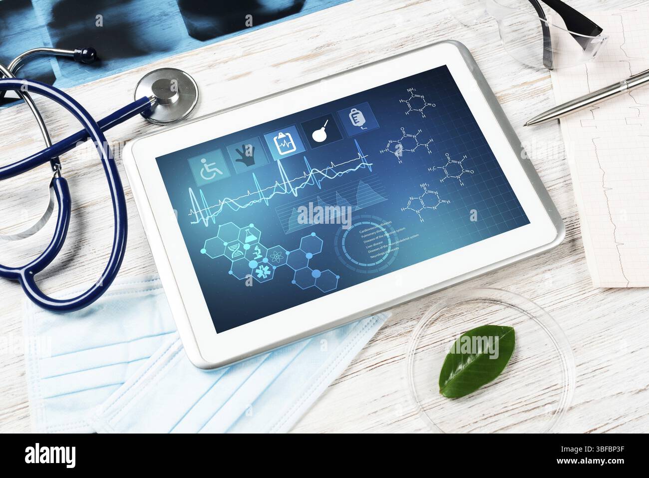 Laboratory patient examination in doctors office. Tablet computer with ...