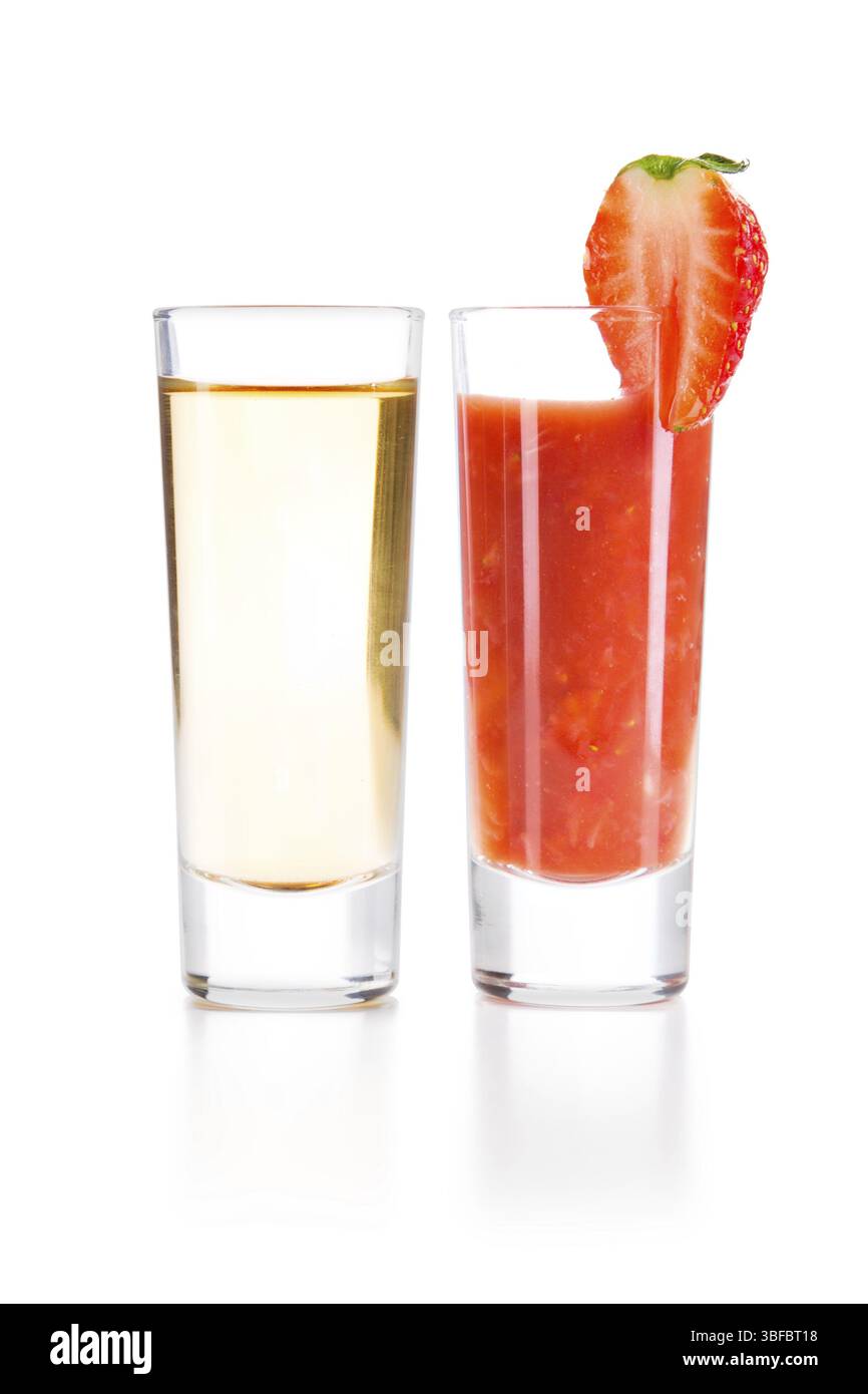 Tequila Gold with Sangrita and chopped strawberries Chaser. Closeup ...