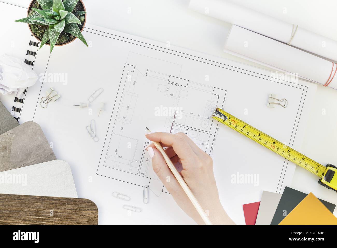 Creative flat lay overhead top view blueprints architectural flat ...