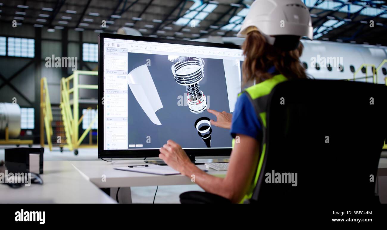 Female Engineer Using Computer To Develop 3D Aircraft Model Design ...