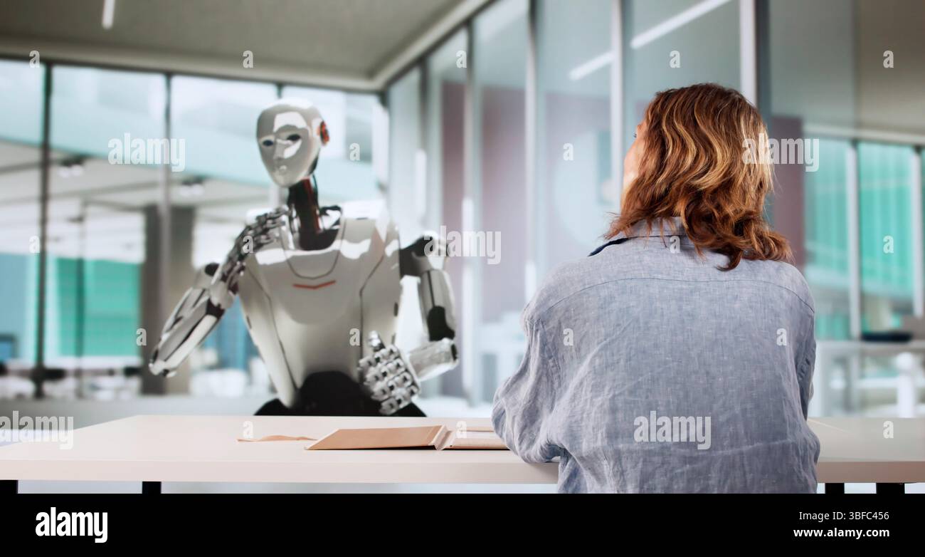 Tech-savvy Woman Solving Code Quizzes With AI Recruiter Robot Stock Photo - Alamy