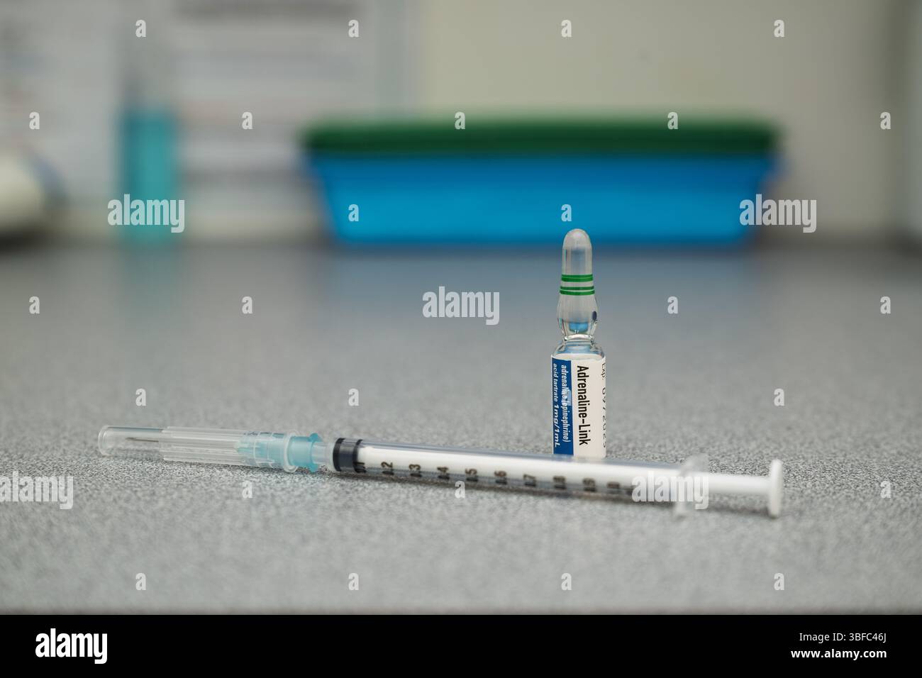 Adrenaline Epinephrine ampoule and needle syringe, emergency drug ...