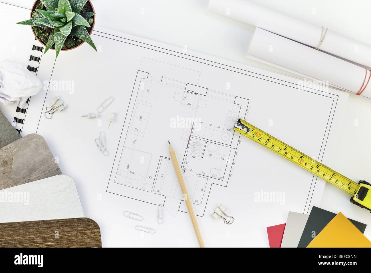 Creative flat lay overhead top view blueprints architectural flat ...