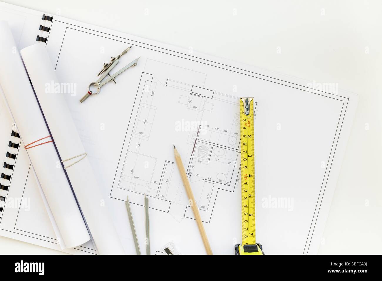 Creative flat lay overhead top view blueprints architectural flat ...