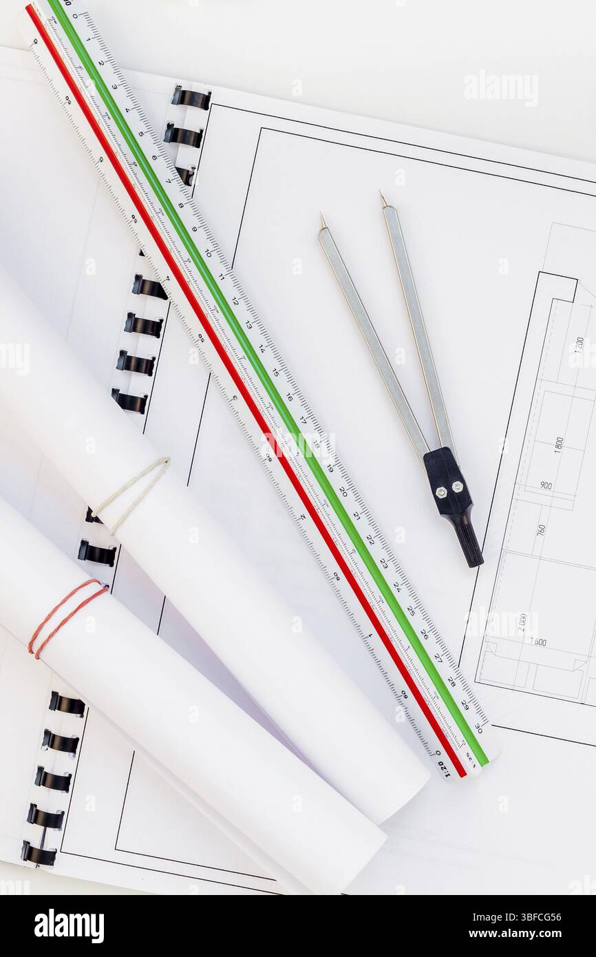 Creative flat lay overhead top view blueprints architectural flat ...