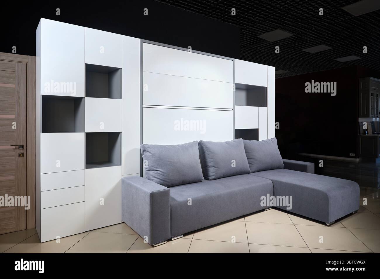 Bedroom interior flat with folded Vertical Murphy Wall Bed, roll-away ...