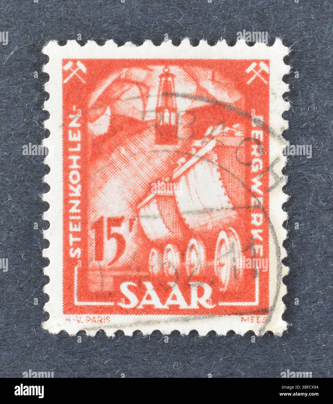 Cancelled postage stamp printed by Germany, Saar, that shows Coal ...