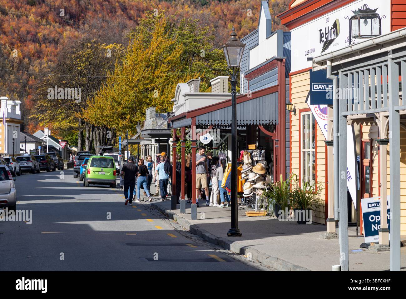 Shops and stores along Buckingham street in the centre of Arrowtown ...