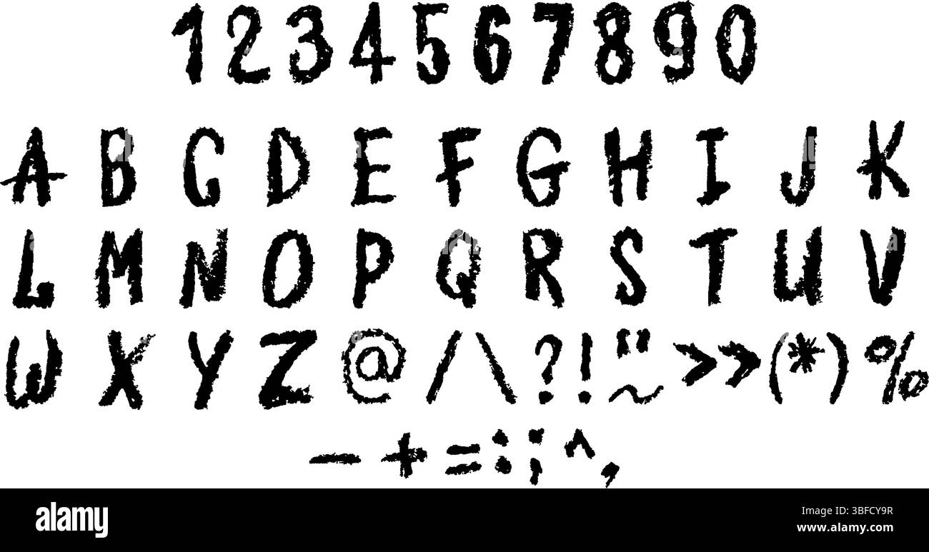 English alphabet and numbers 0-9, hand-drawn in a white wax crayon or ...