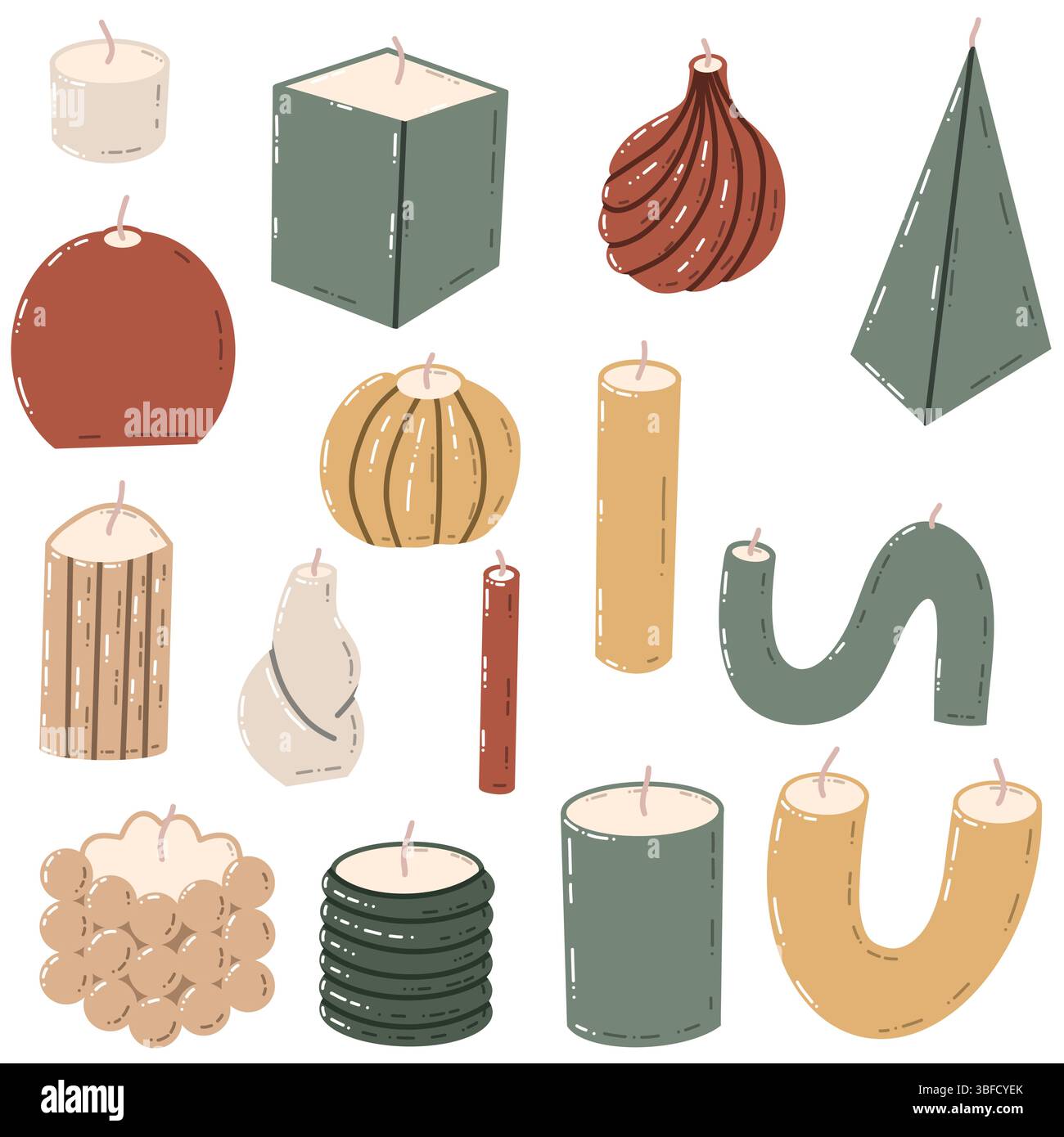 Illustration featuring a selection of uniquely shaped candles, styled ...
