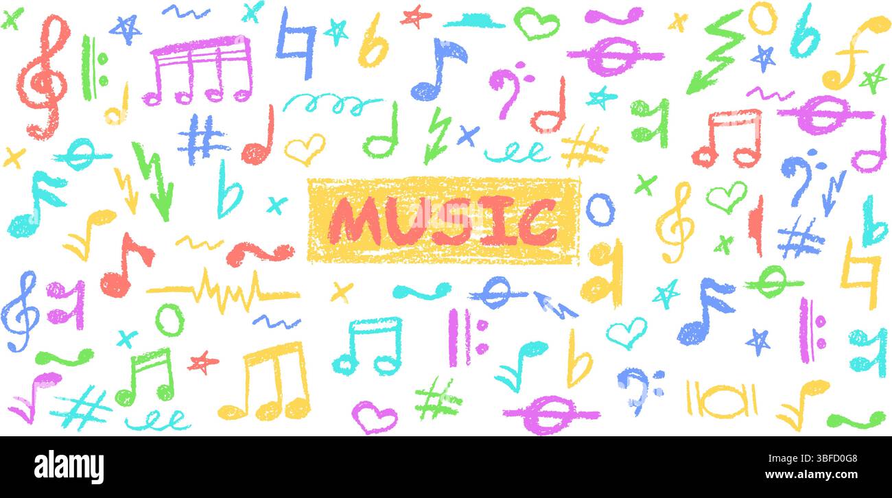 Colorful music notes in charcoal scribble style. Handwritten pop sketch ...