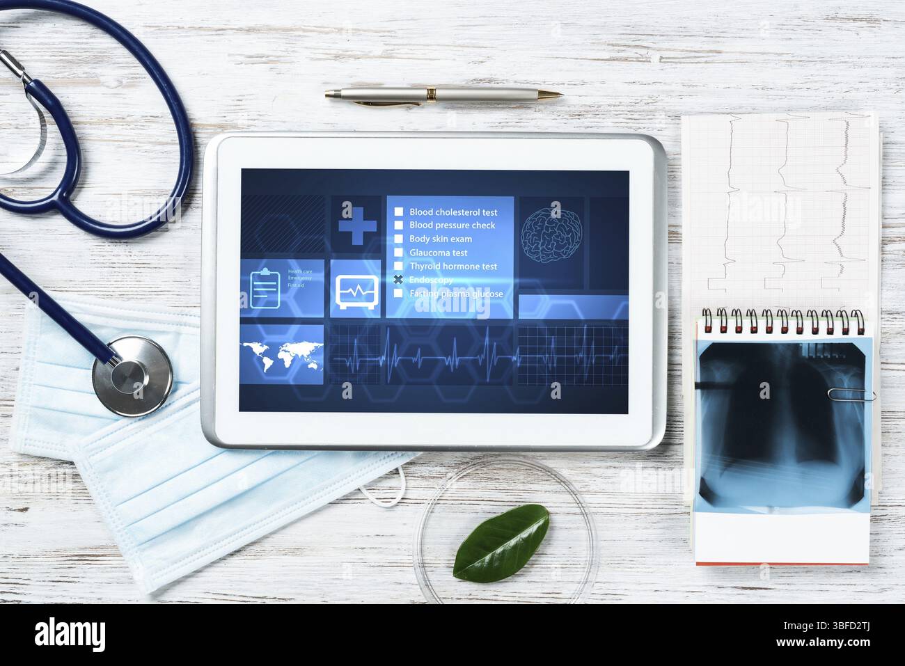 Modern social health insurance program. Tablet computer with healthcare ...