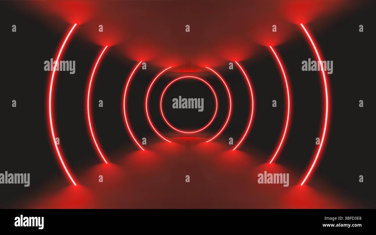 Abstract Futuristic 3D Red Neon Tunnel Corridor with Glowing Concentric ...