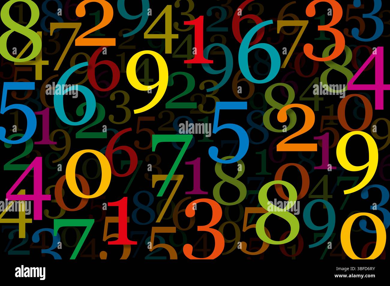 Colorful numerals, randomly distributed against black background. Dynamic pattern, composed of ...
