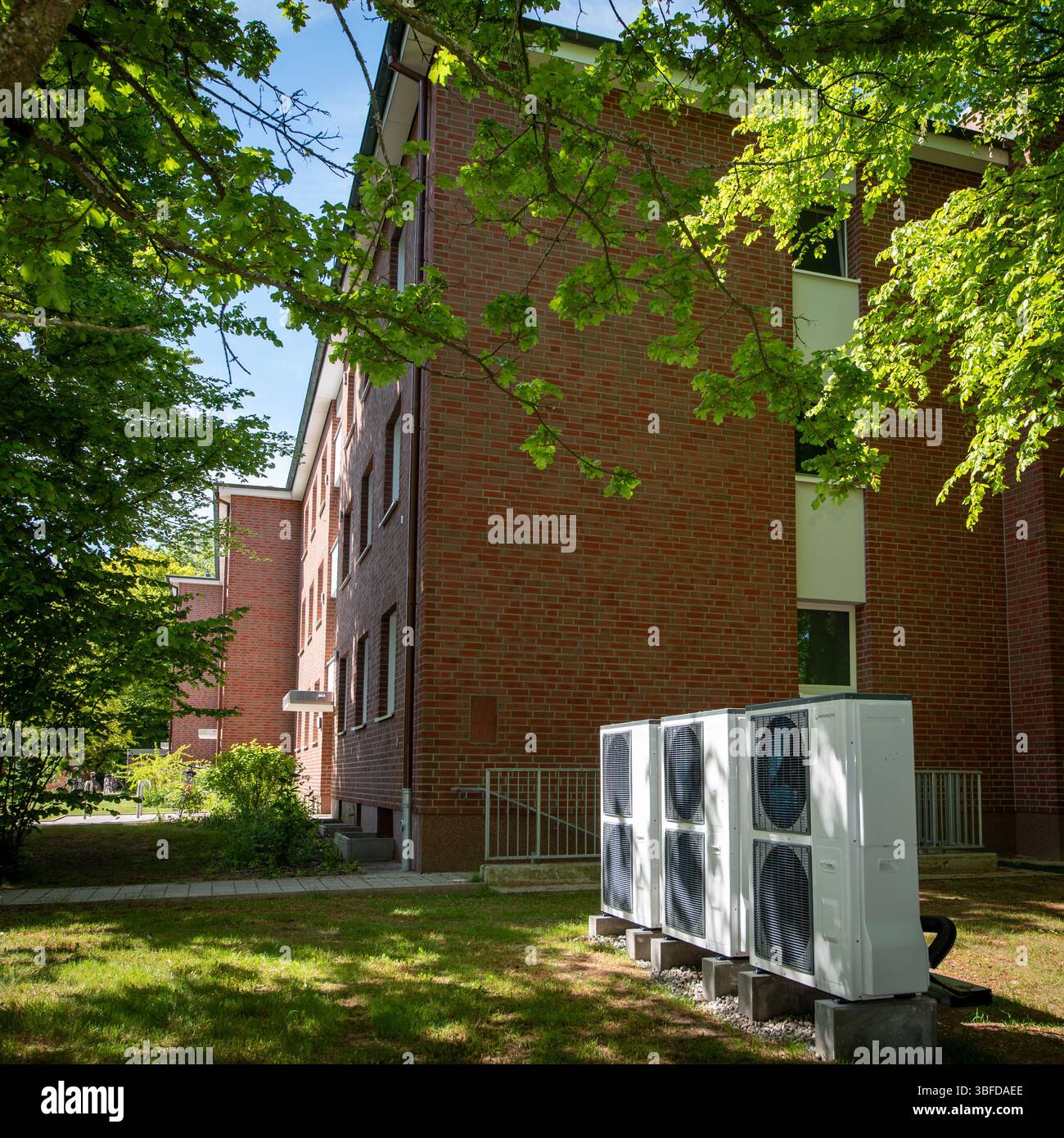Hamburg, Germany, 9 May 2025 - Heat pumps on a block of flats in a ...