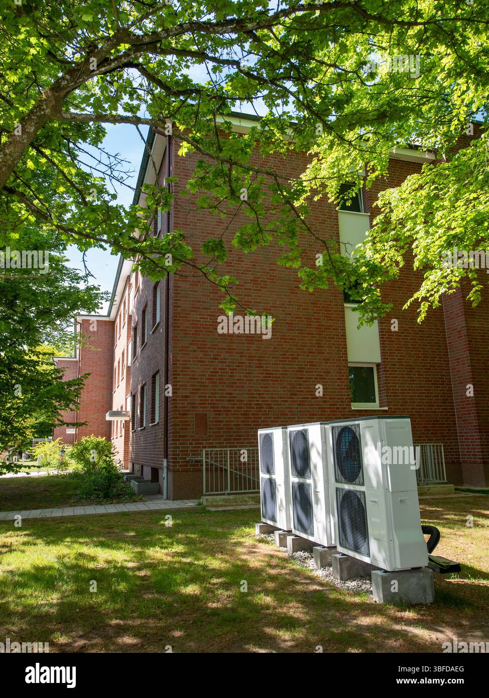 Hamburg, Germany, 9 May 2025 - Heat pumps on a block of flats in a ...