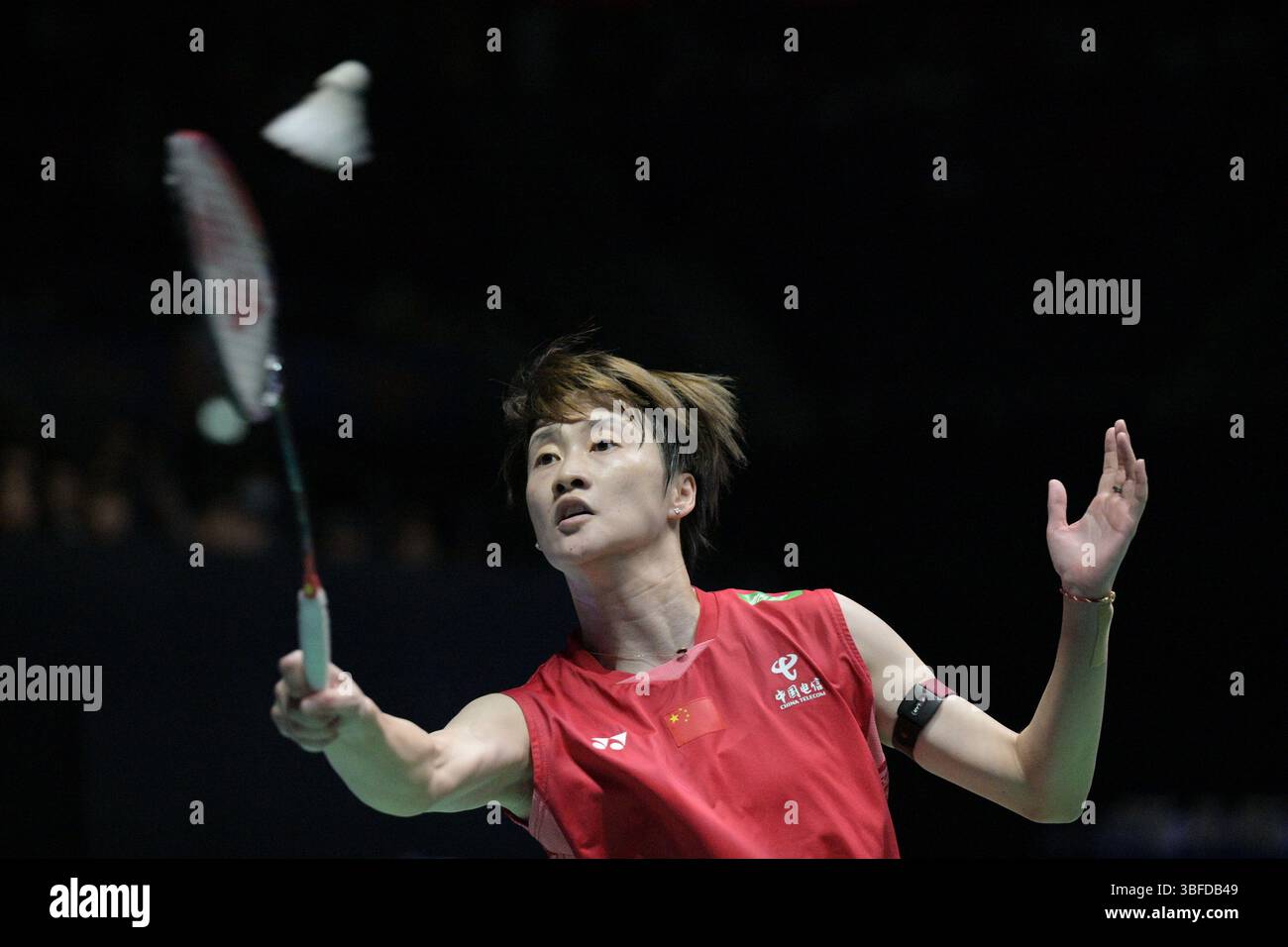 Singapore. 1st June, 2025. Chen Yufei of China hits a return during the women's singles final ...