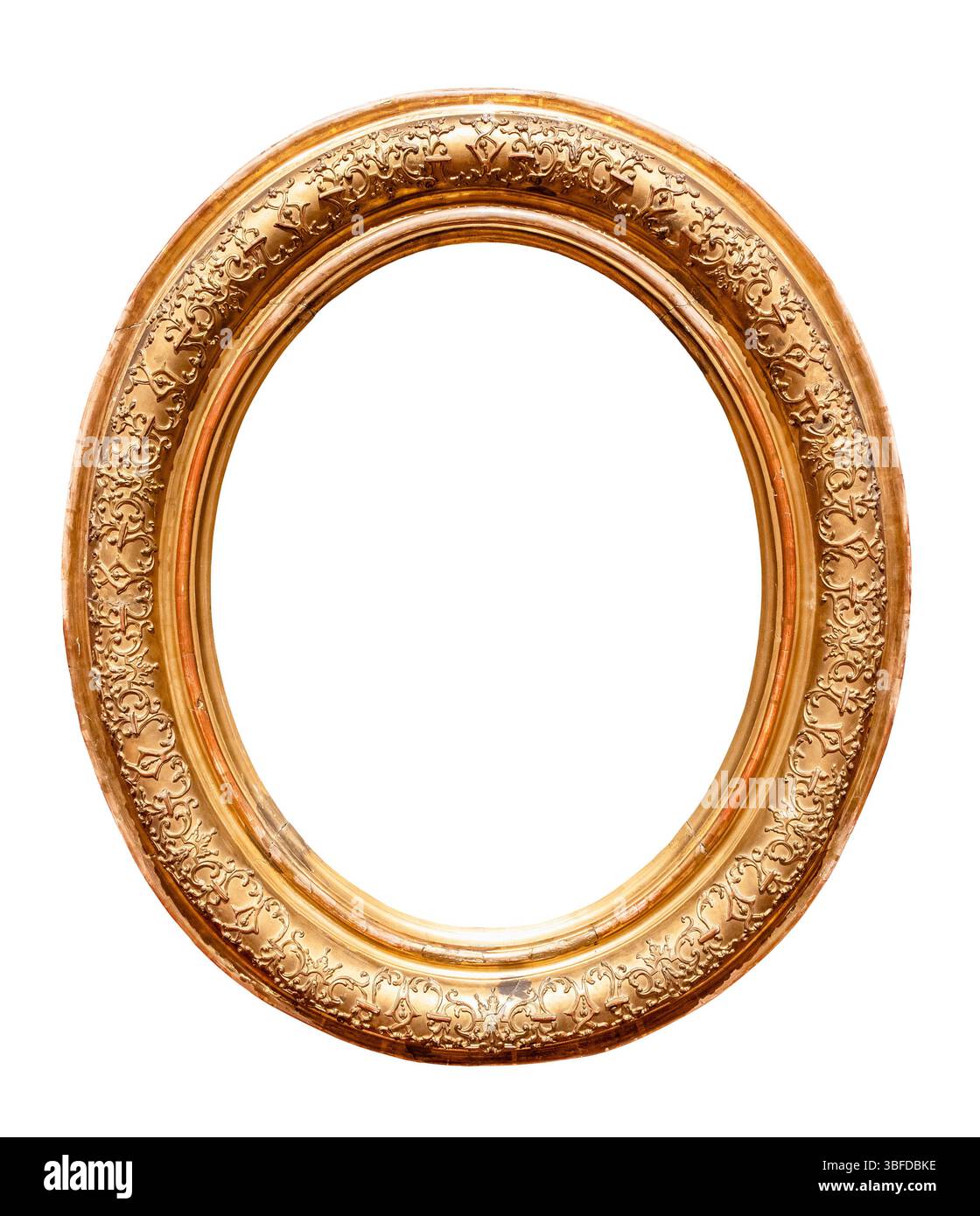 old vertical wide oval golden picture frame cutout on white background ...