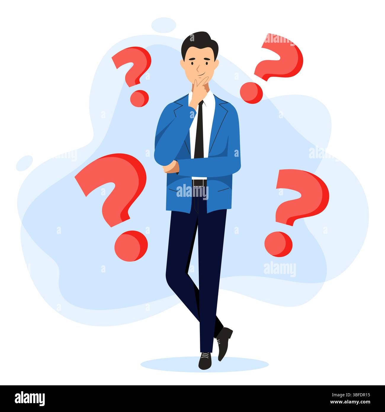 Thoughtful man surrounded by red question marks. Vector flat cartoon thinks male character ...