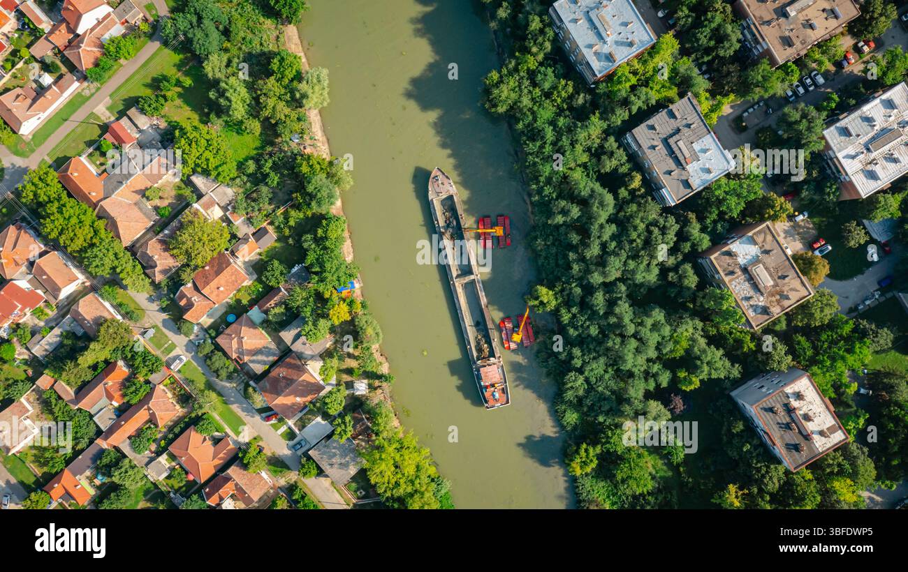 Above top view on two excavators dredge as they dredging, working on ...