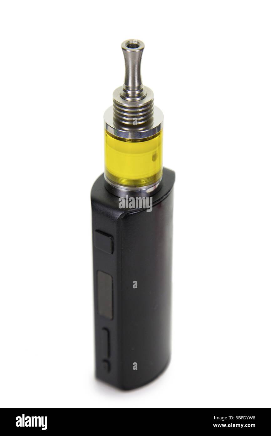 Vaping parts. Box mod and stainless steel clearomizer with yellow ...