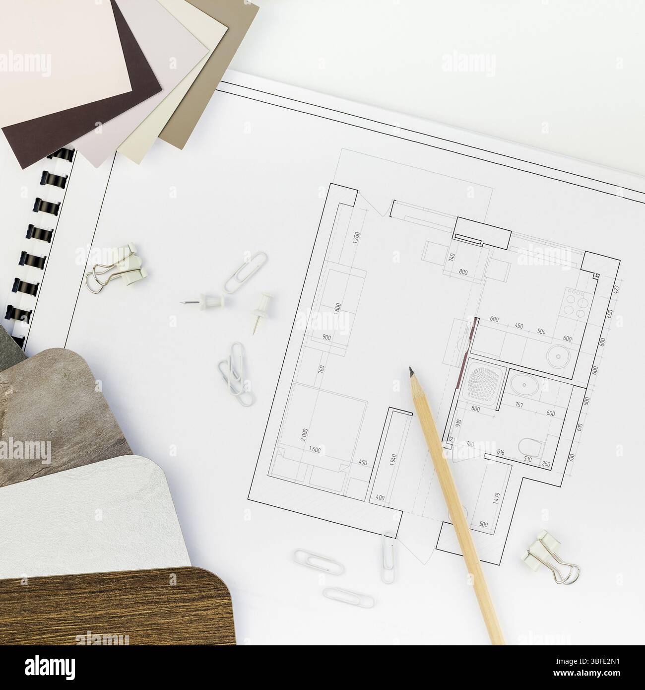 Creative flat lay overhead top view blueprints architectural flat ...