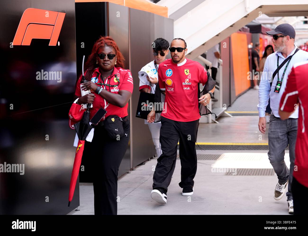 Ferrari's Lewis Hamilton in the paddock before the race at the Circuit ...