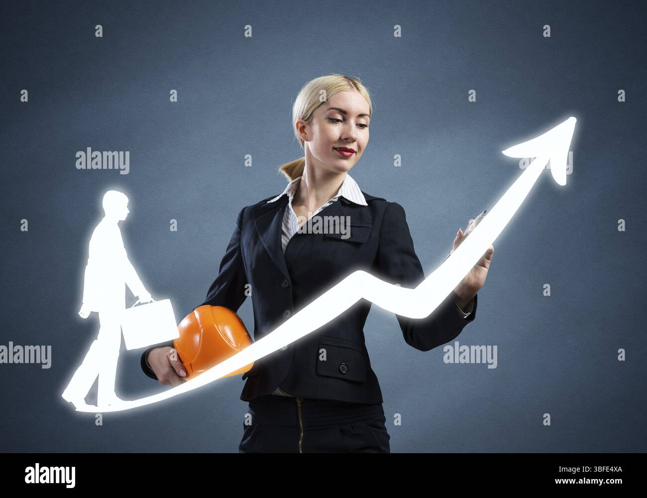 Business lady drawing success graph of professional career. Strategy planning and development ...