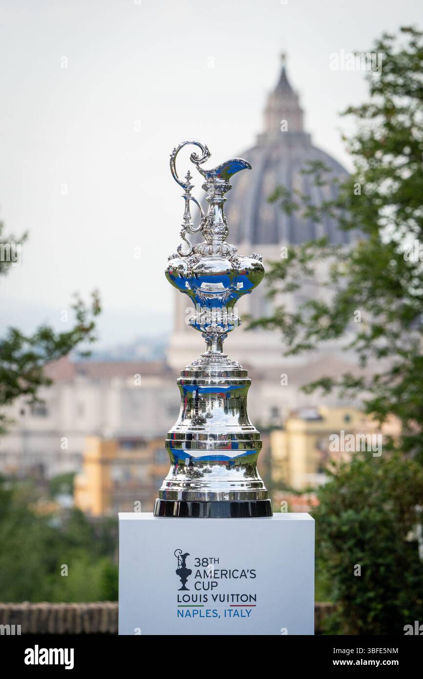 May 26, 2025, Rome, Italy: The America's Cup trophy and the Dome of St ...