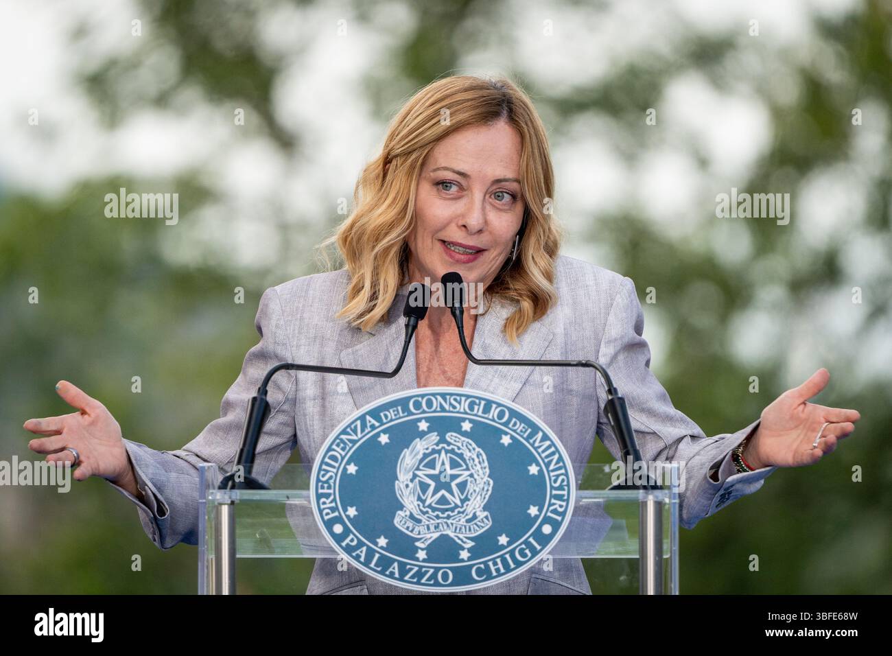 May 26, 2025, Rome, Italy: Italian Prime Minister Giorgia Meloni speaks ...