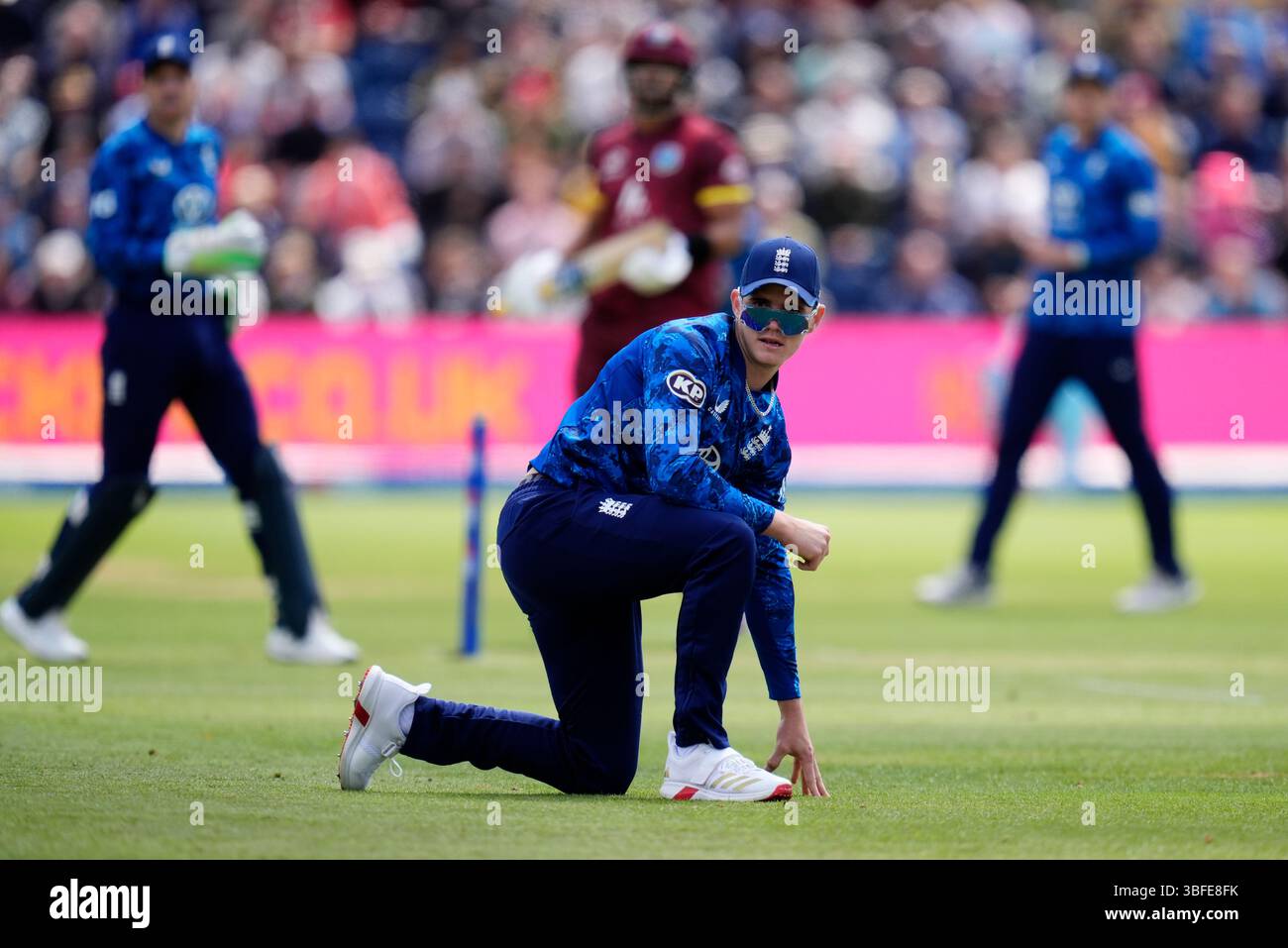 England's Jacob Bethell looks on as a ball passes him while fielding ...