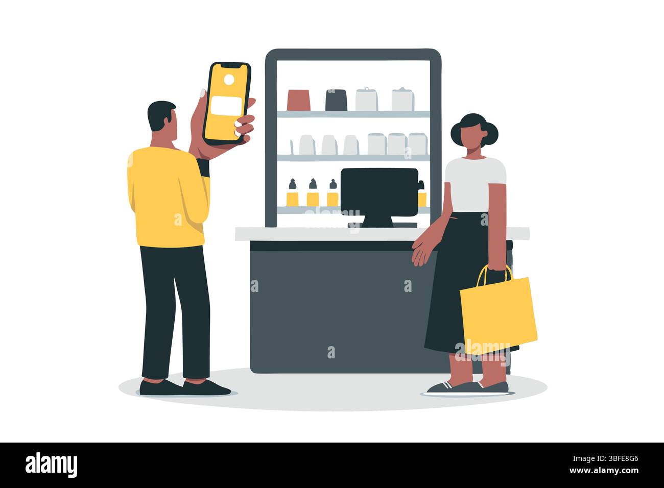 Modern Retail Experience Man with Phone Woman Shopping at Store Counter ...