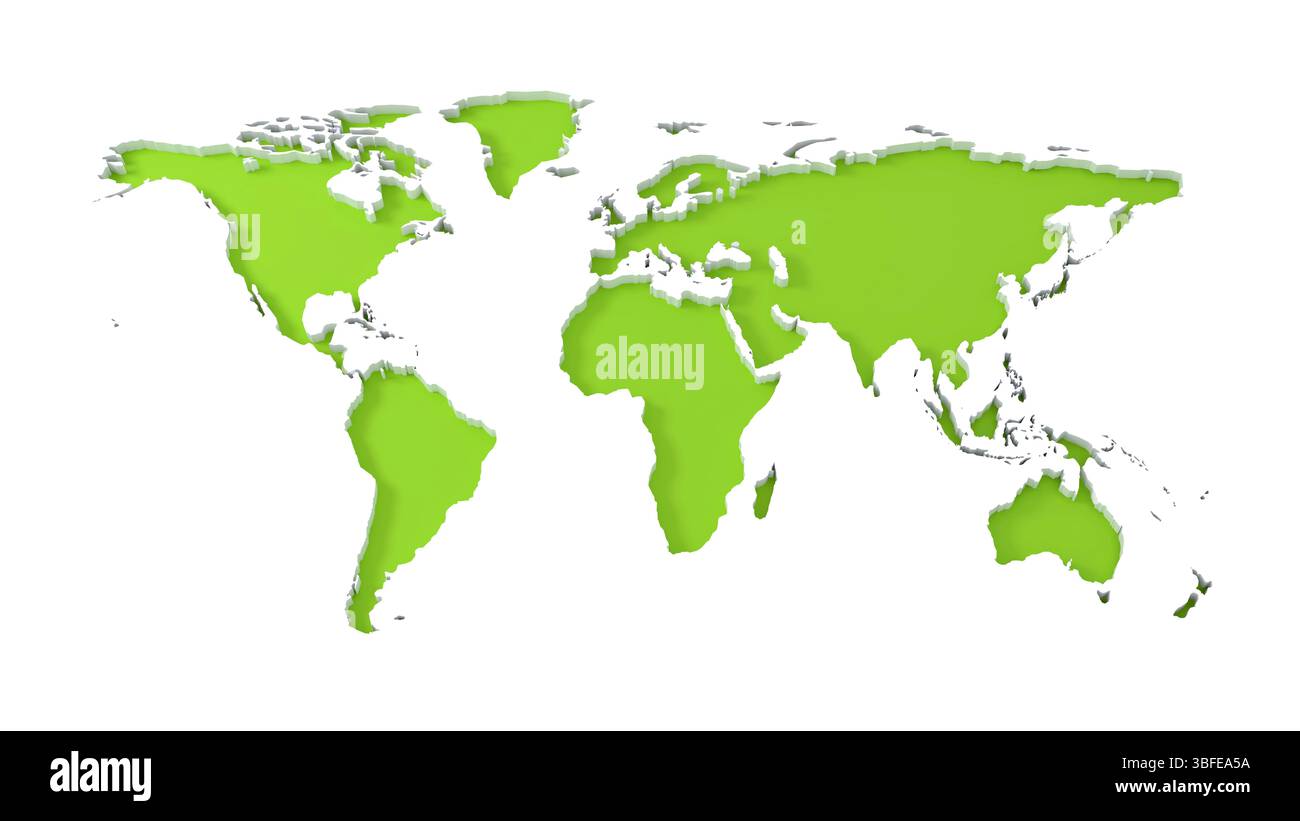 Green World map cutout engraved on white background 3D illustration ...