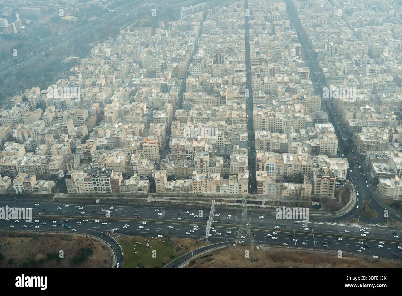 Panoramic aerial view showing dense buildings and freeway traffic Stock ...