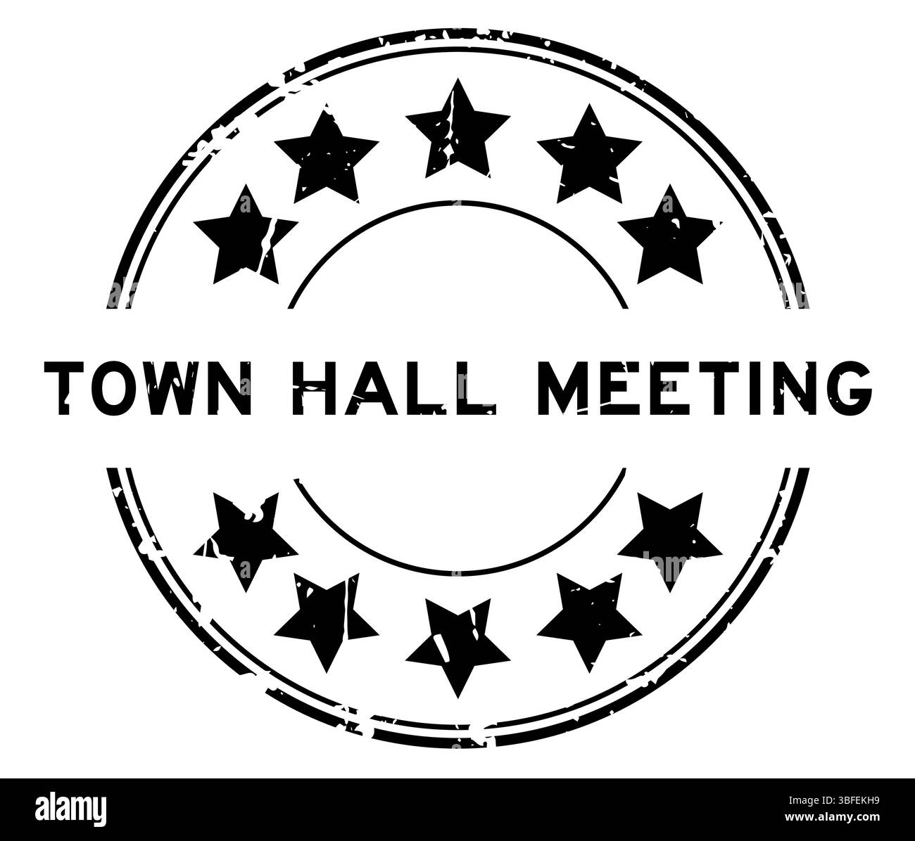 Grunge black town hall meeting word with star icon round rubber seal ...