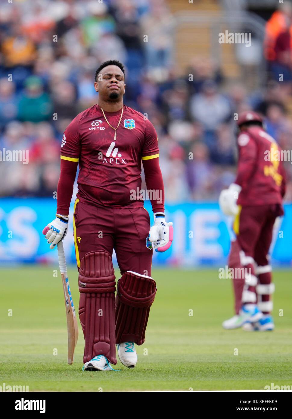 West Indies' Shimron Hetmyer leaves the field after being given out lbw ...