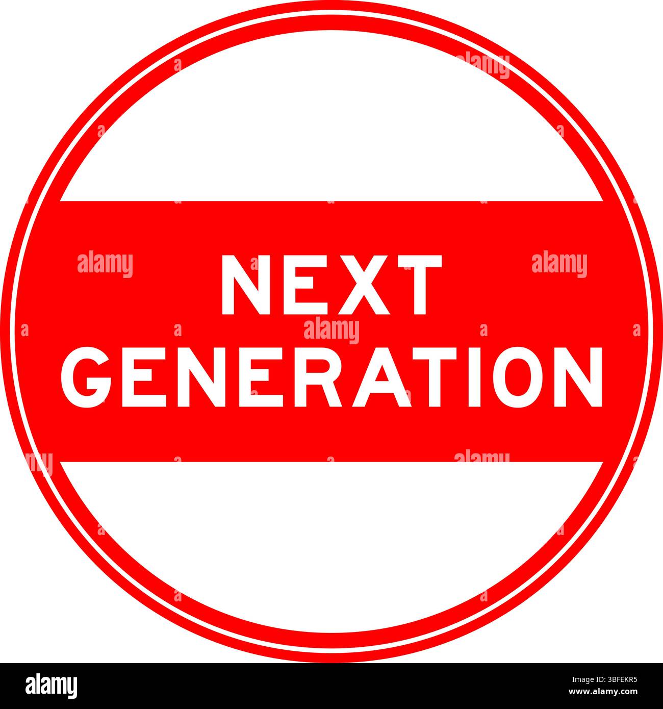 Red color round seal sticker in word next generation on white ...