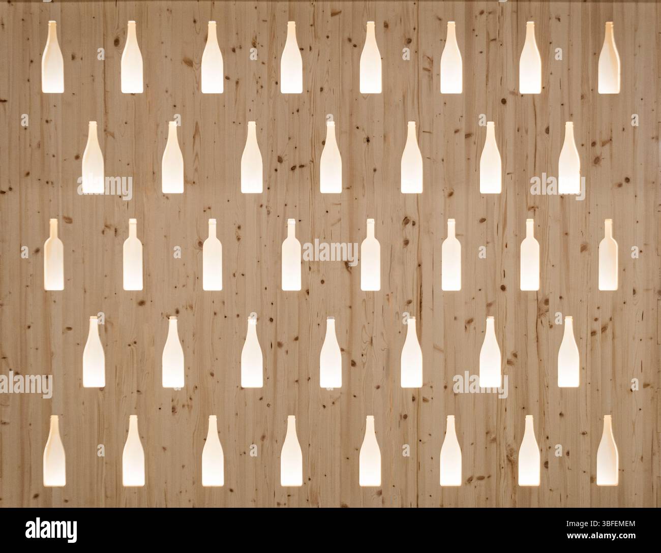 Modern backlit wooden wall with bottle-shaped niches, perfect for wine ...