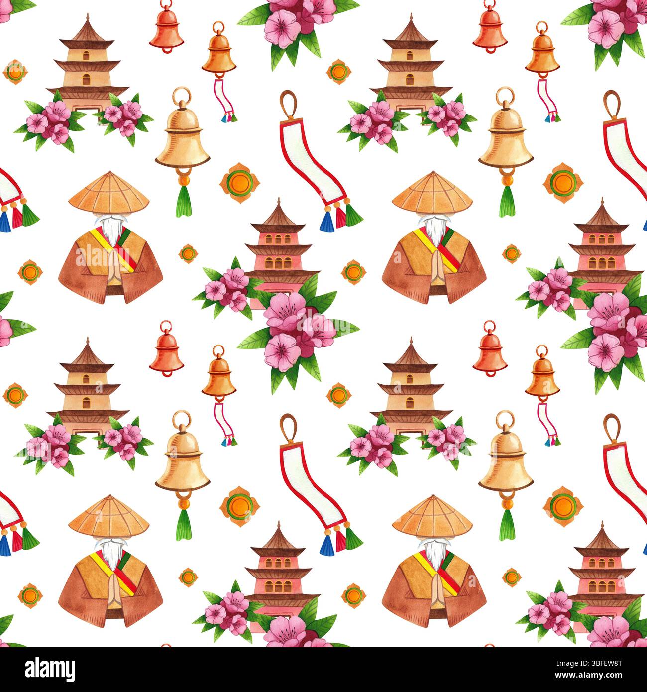 Seamless pattern. Set of watercolor Nepalese traditional items and ...