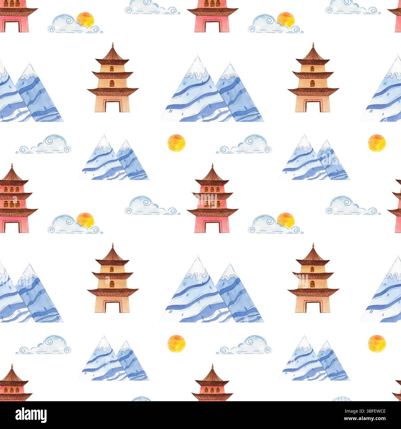Seamless pattern. Set of watercolor Nepalese traditional items and ...