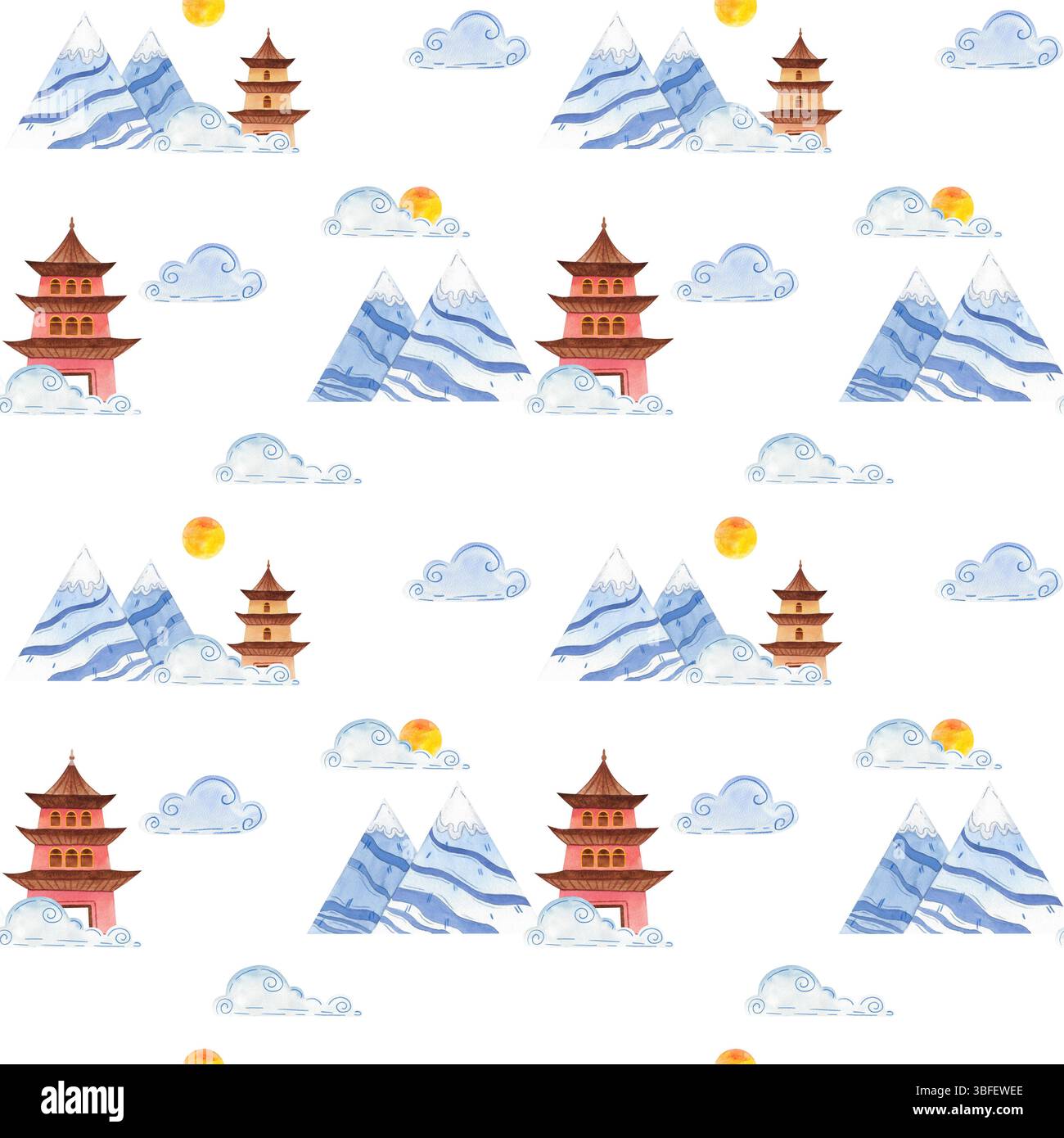 Seamless pattern. Set of watercolor Nepalese traditional items and ...