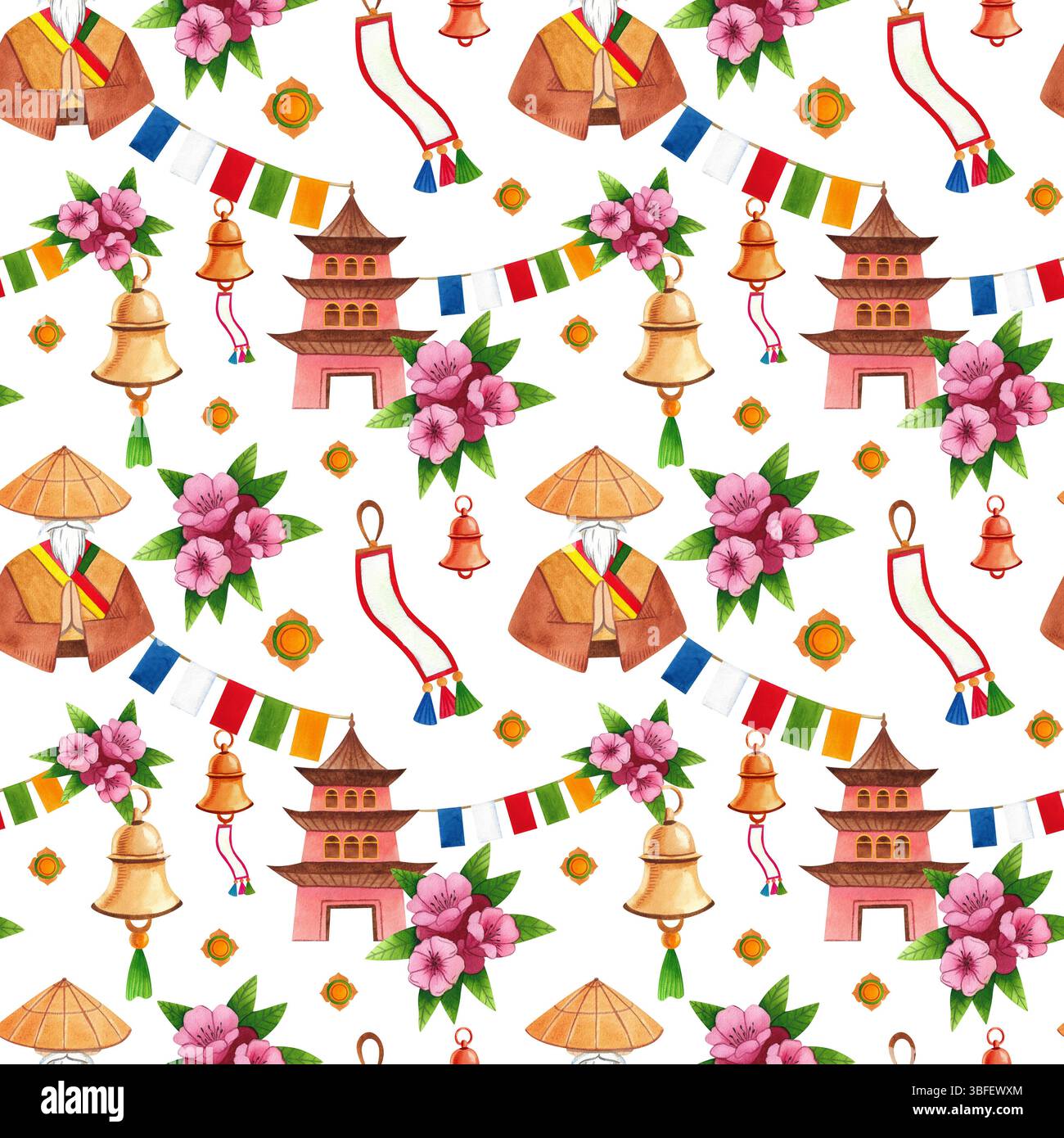 Seamless pattern. Set of watercolor Nepalese traditional items and ...
