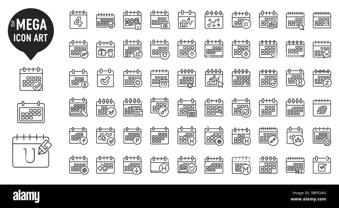Set of Linear Calendar Vector Icons, Icon Sheet Stock Vector Image ...